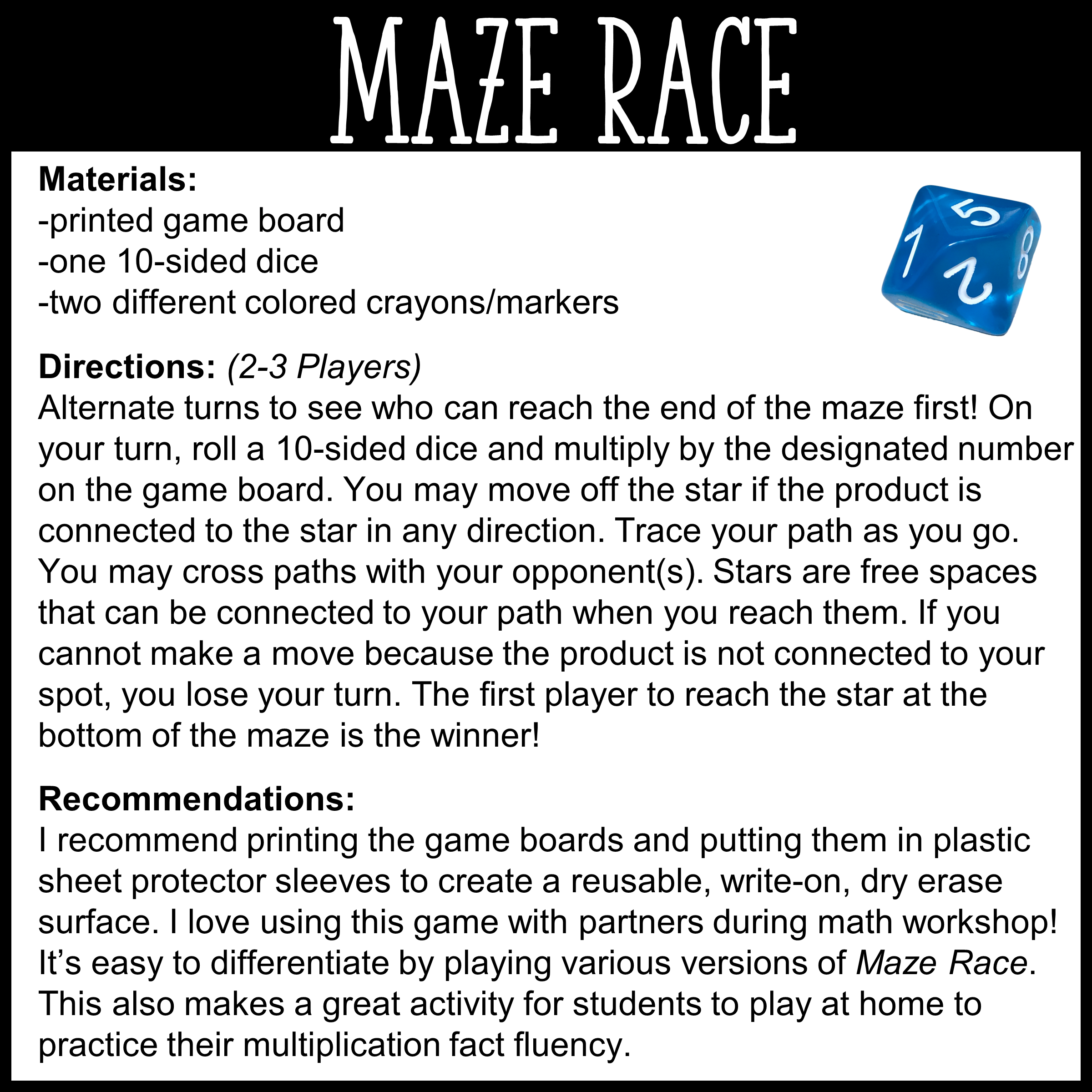 Multiplication Fact Fluency Games- Maze Race - Classful