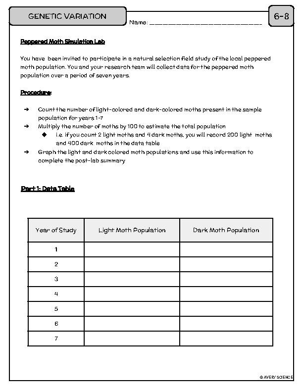 Genetic Variation Peppered Moth Paper Lab - Classful
