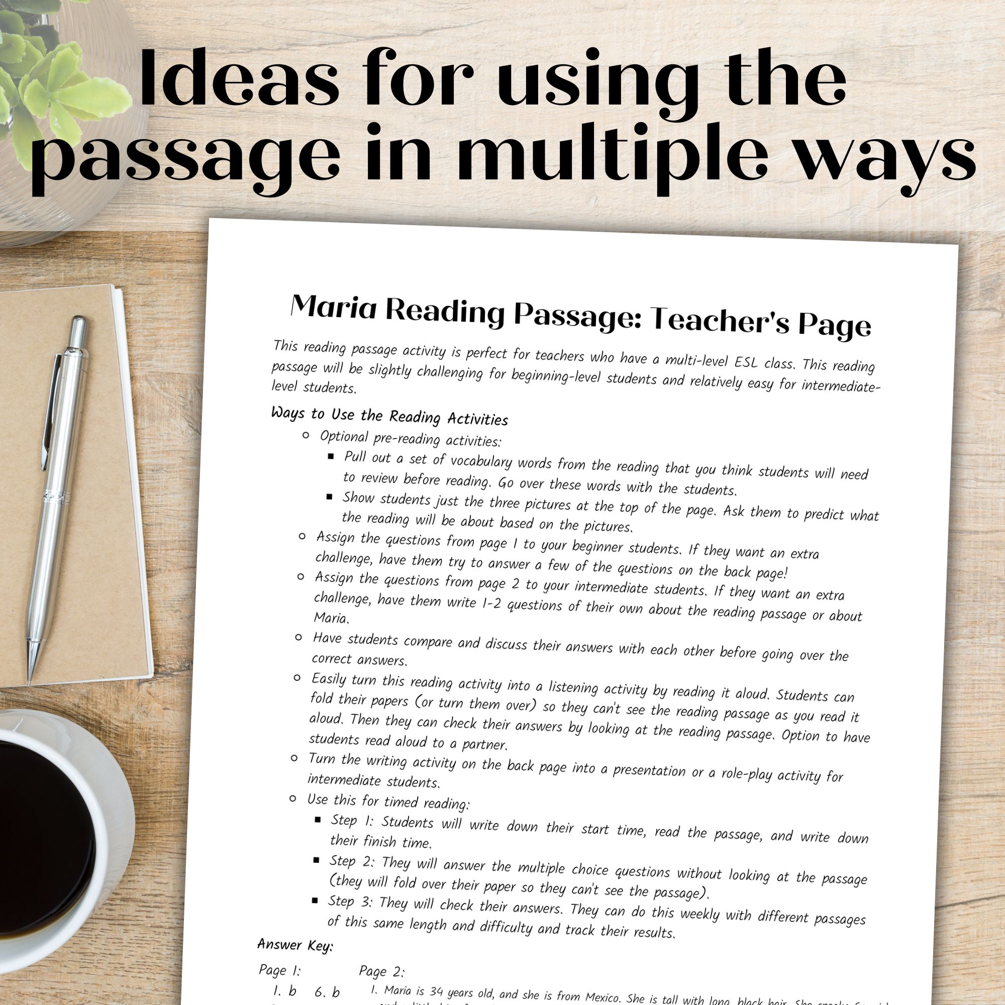 Reading Comprehension Passage and Activities for Beginner and ...