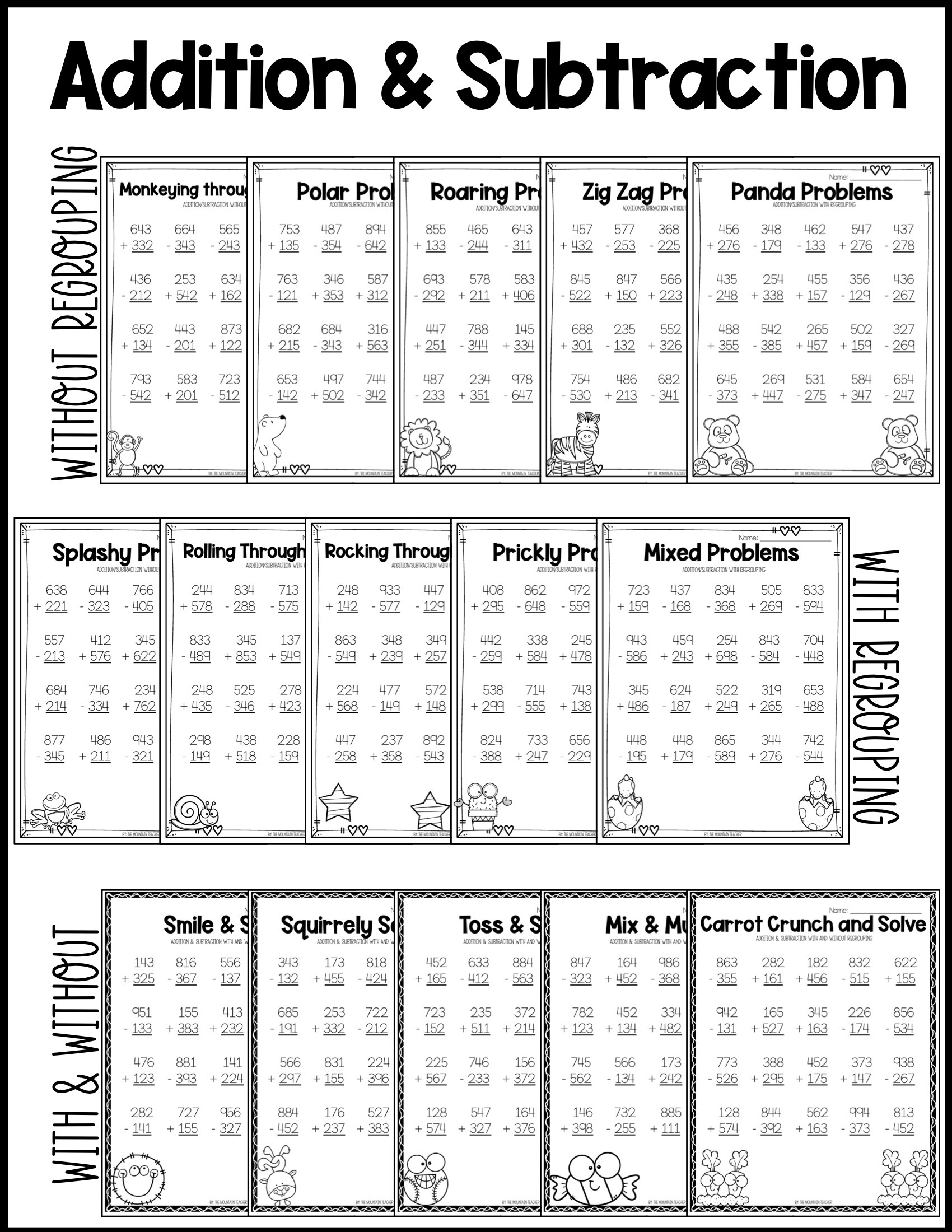 3 Digit Addition and Subtraction Worksheets With and Without Regrouping ...