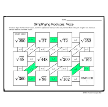 Simplifying Radicals- Riddle and Maze Activity - Classful