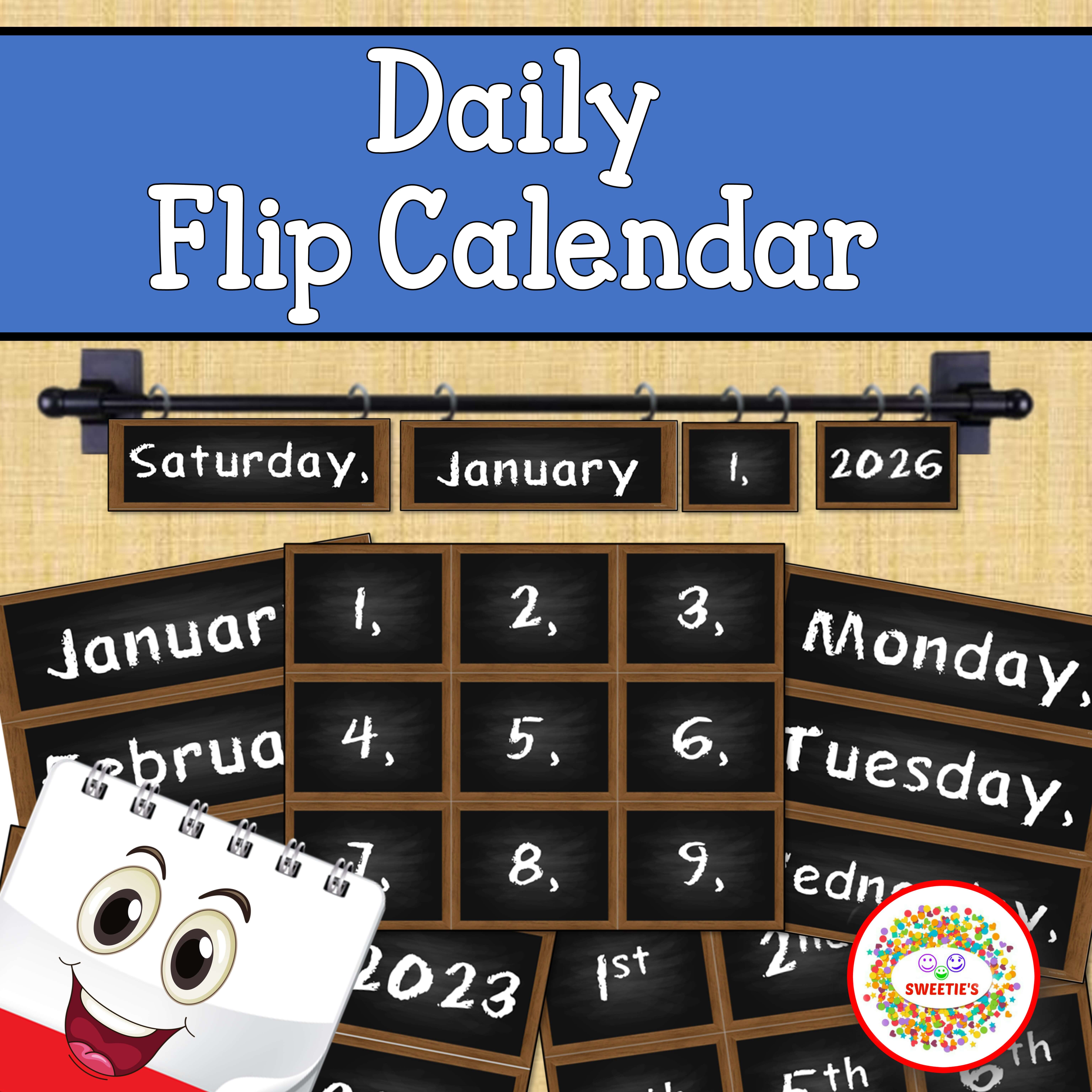 Daily Flip Calendar 2022 to 2051 Chalkboard Theme - Classful