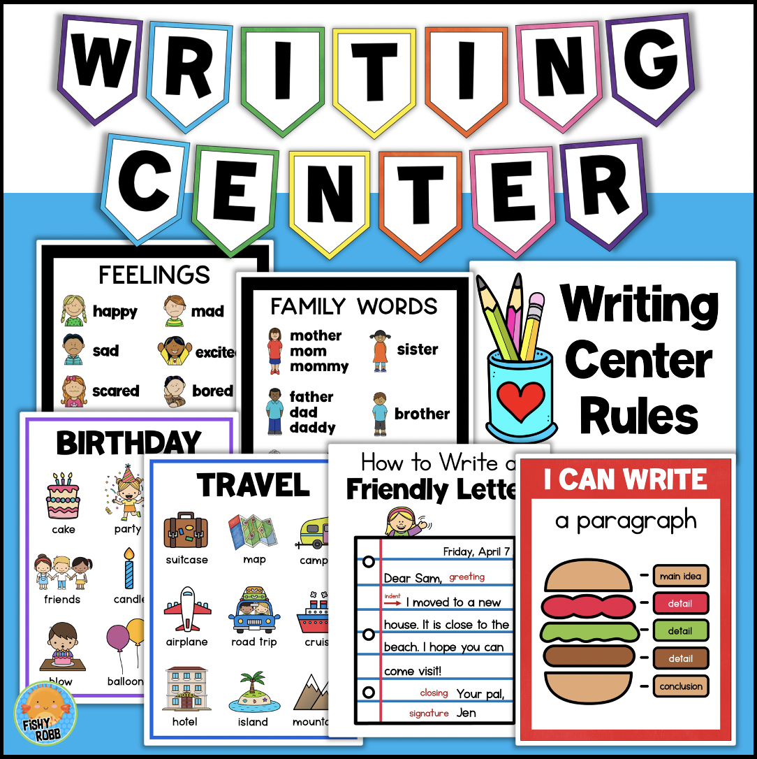 Classroom WRITING CENTER Posters Themed Word Lists Anchor Charts Banner ...