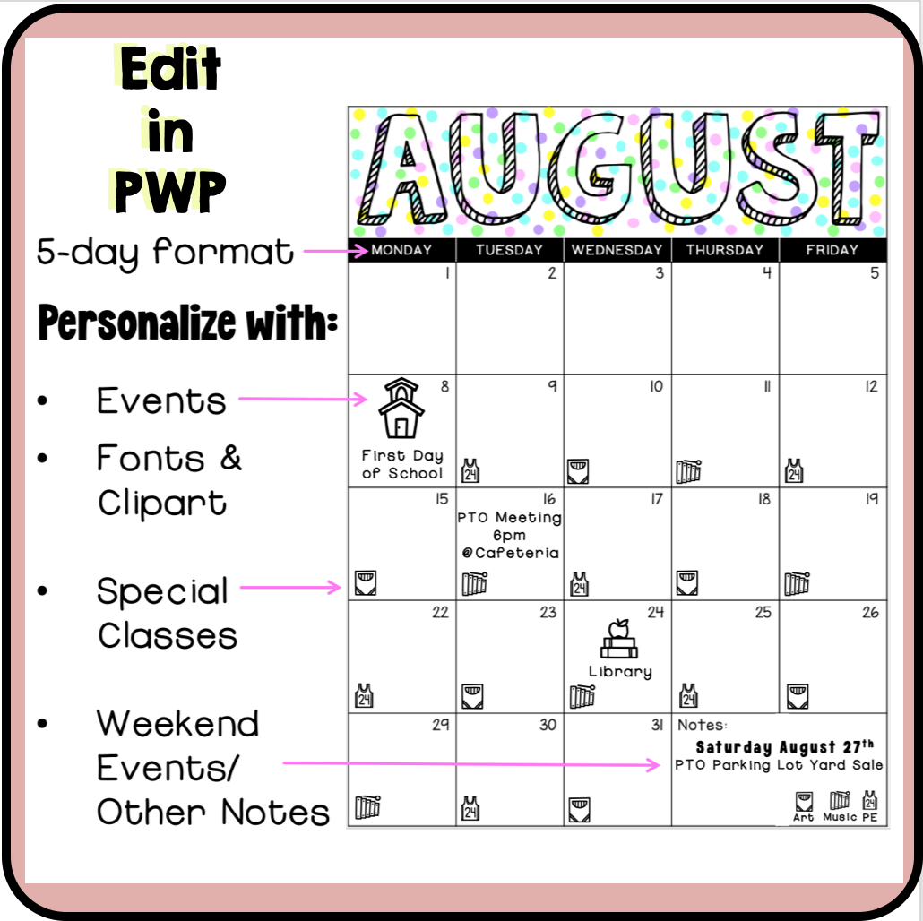 Custom Calendar 5 Day Format | Parent Communication | Staff or Team ...