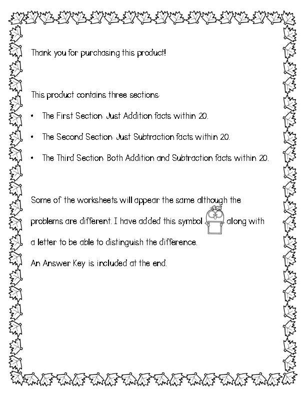 Fall Autumn Adding and Subtracting Within 20 Worksheets - Classful