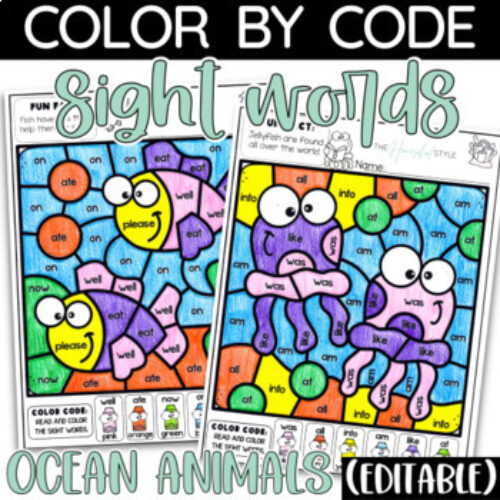 Ocean Animals Color by Sight Word Practice Editable - Classful