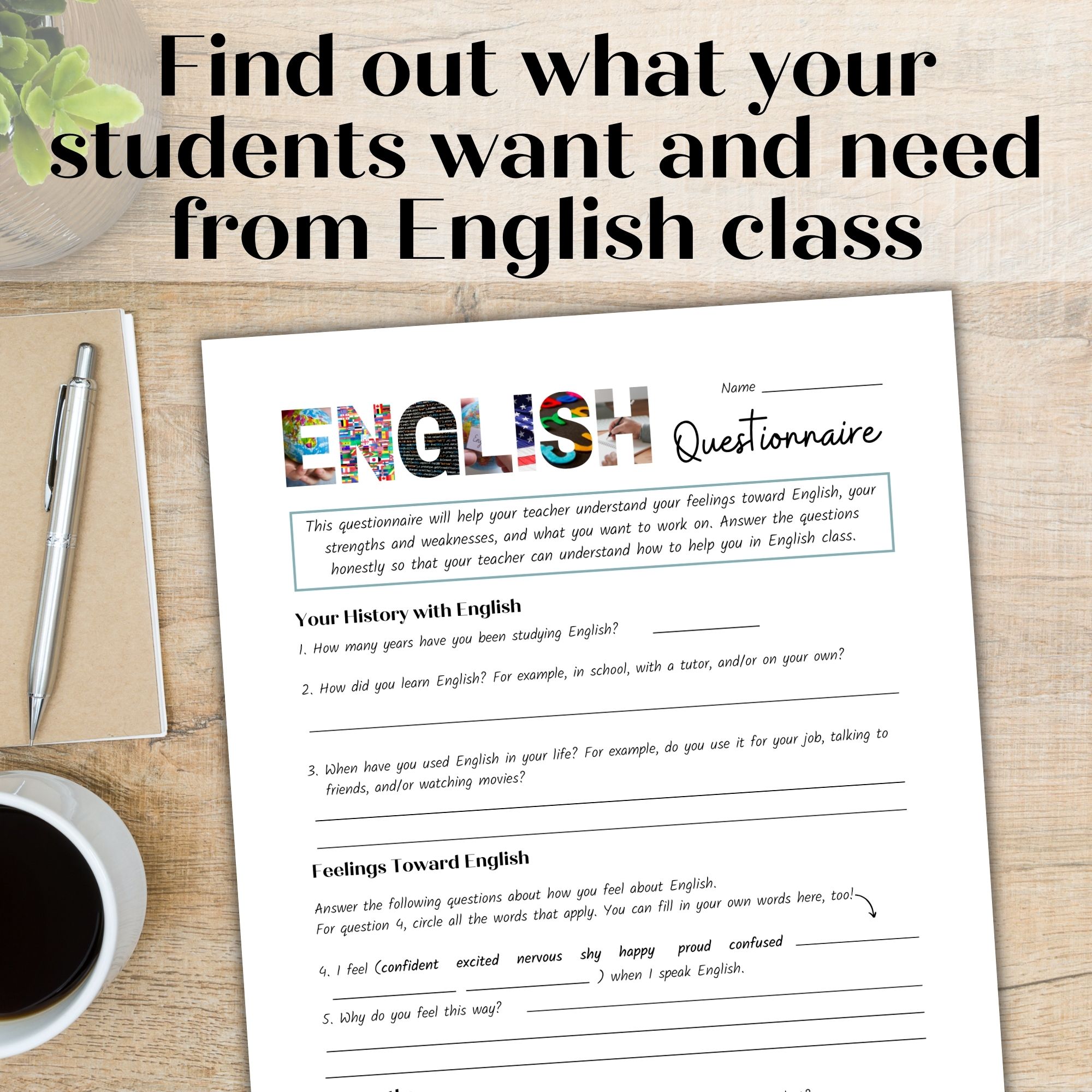 English Questionnaire Back to School First Day Activity for Adult ESL ...