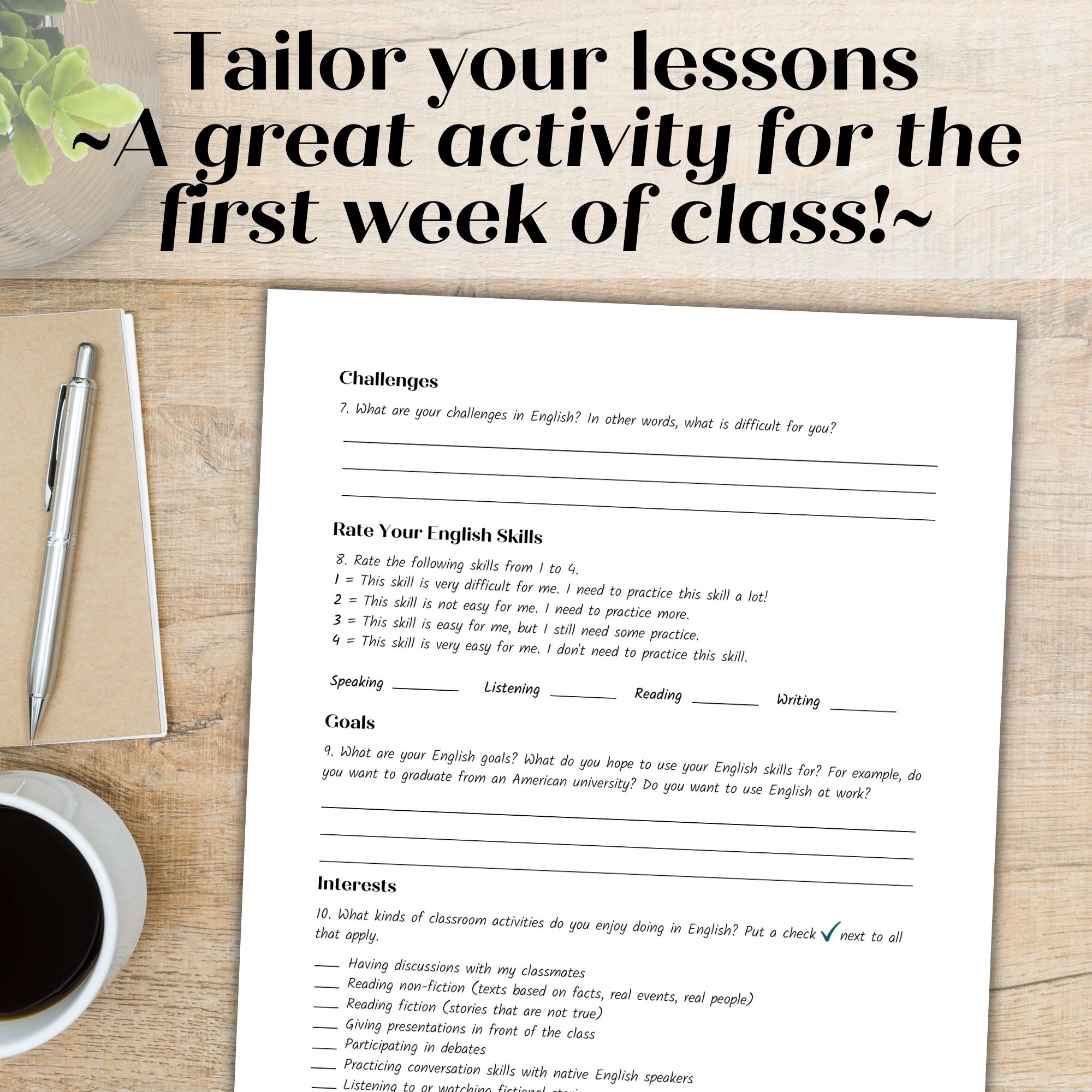 English Questionnaire Back to School First Day Activity for Adult ESL ...