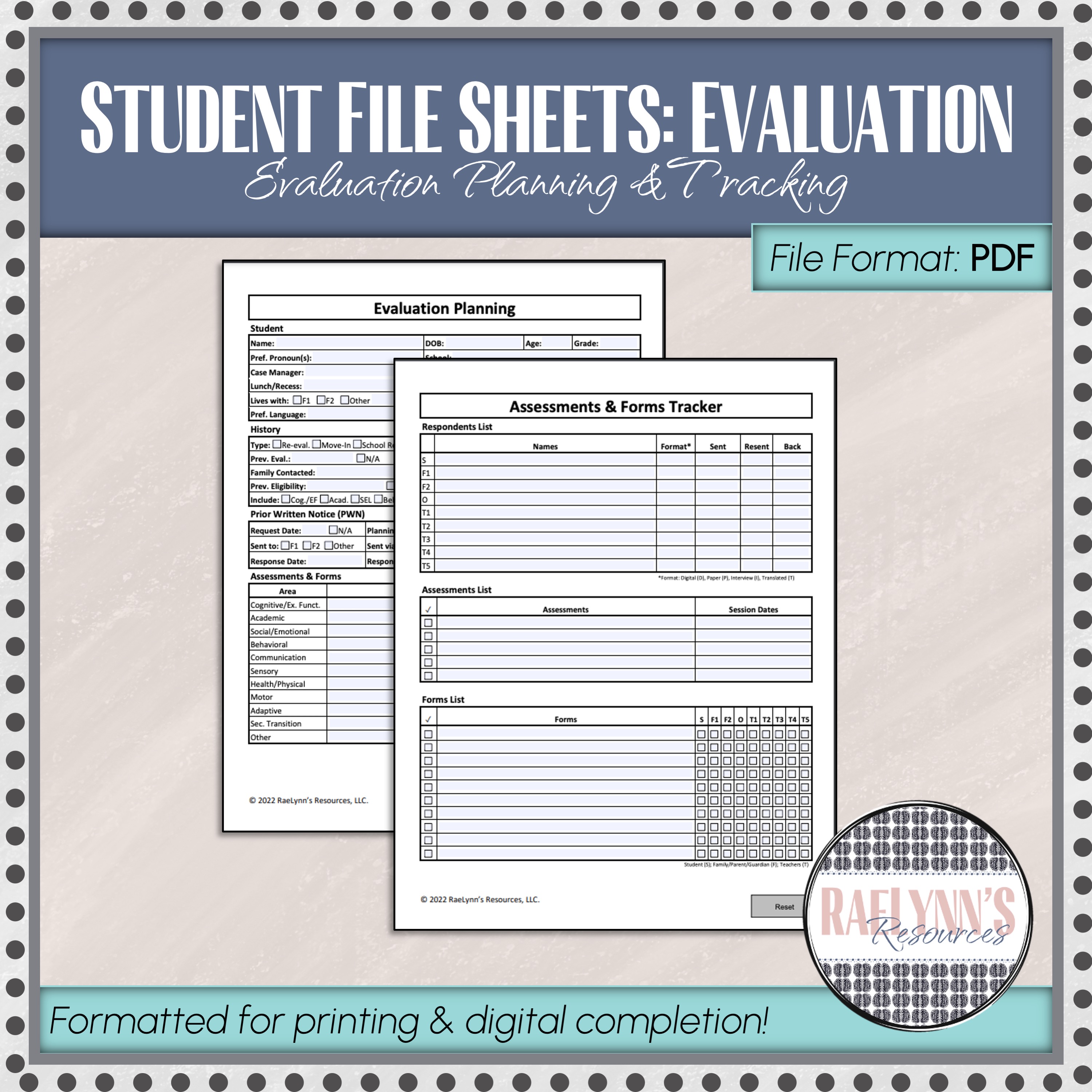 Special Education Evaluation Planning & Tracking Sheets - Classful