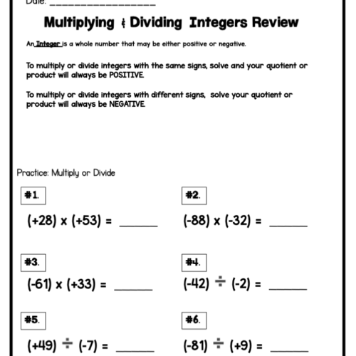 Multiplying & Dividing Integers Practice Sheets - Classful