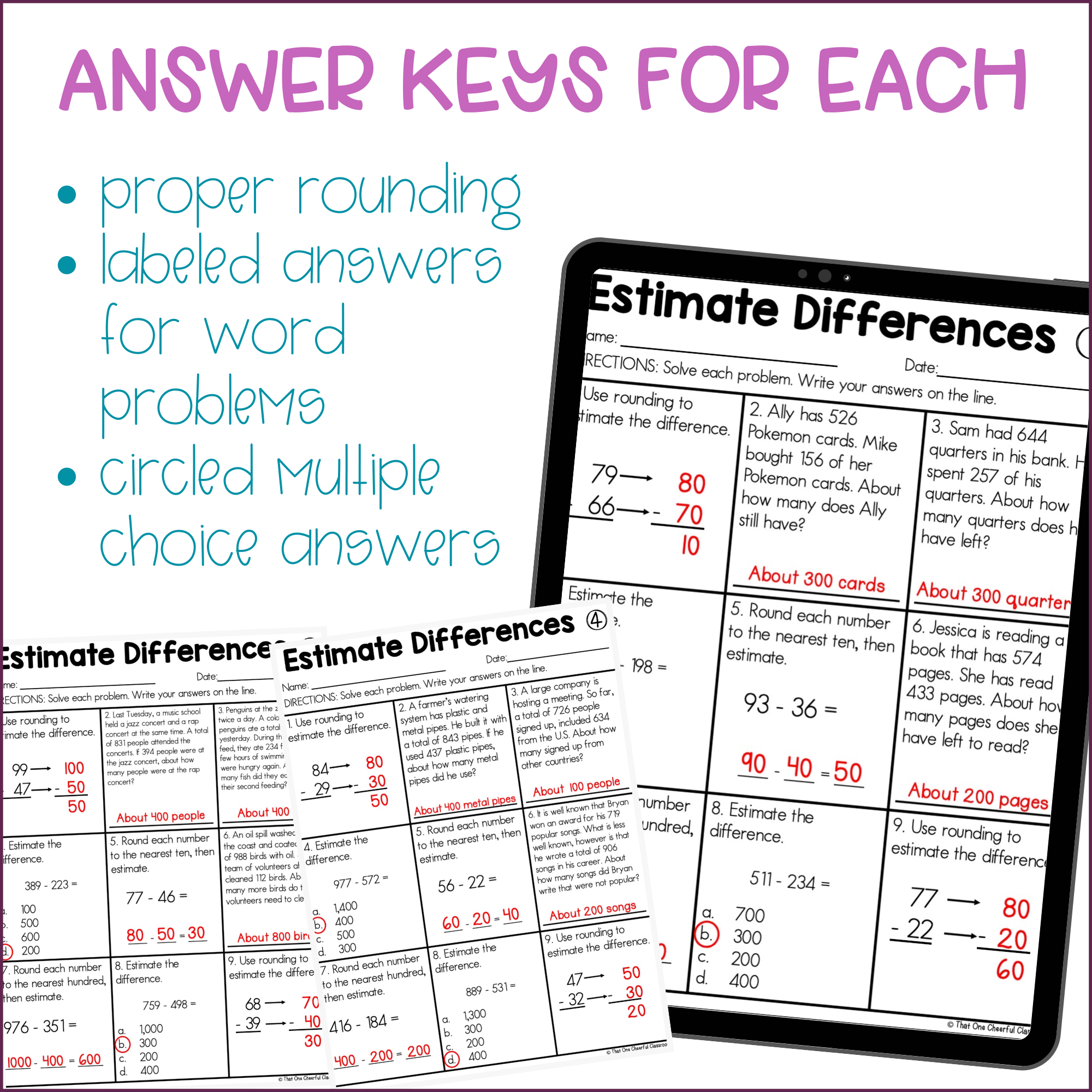 Estimating Differences Math Homework Worksheets - Classful