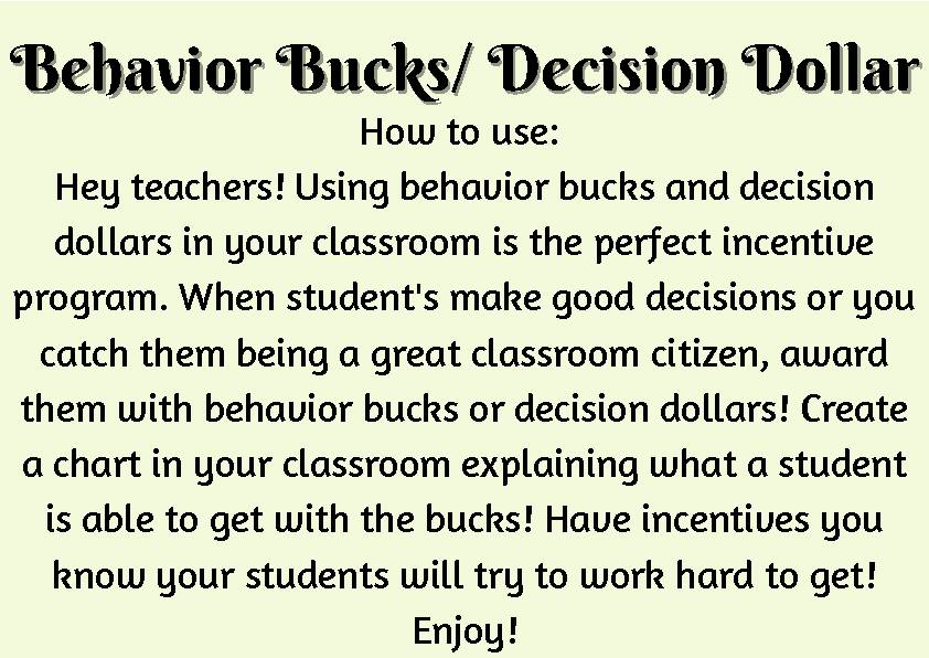 Behavior Bucks/ Decision Dollar Reward System! - Classful