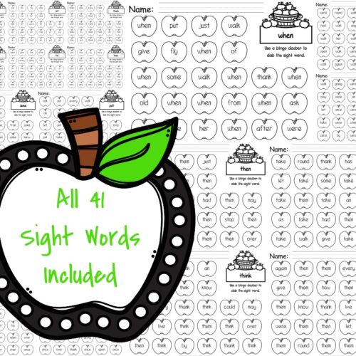 1st Grade Sight Word Bingo Dauber Sheets with Apples - Classful