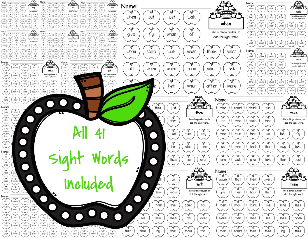 1st Grade Sight Word Bingo Dauber Sheets with Apples - Classful