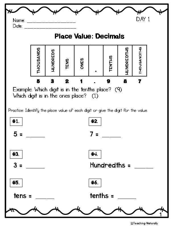 Place Value Writing Decimals as Numerals and Words Worksheets Printable ...