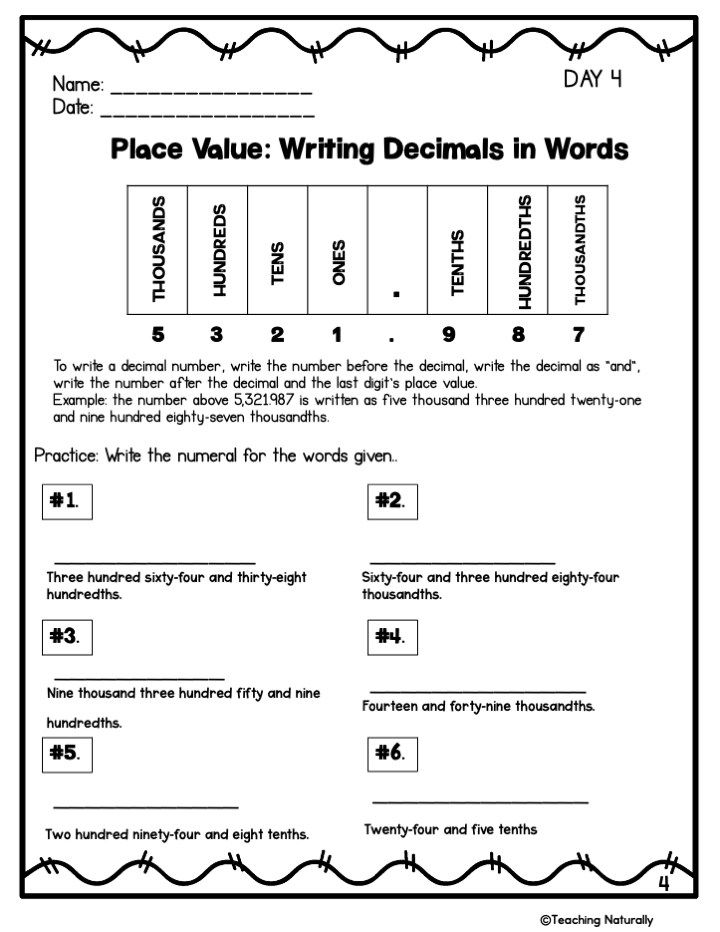 Place Value Writing Decimals as Numerals and Words Worksheets Printable ...