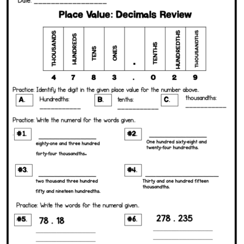 Place Value Writing Decimals as Numerals and Words Worksheets Printable ...