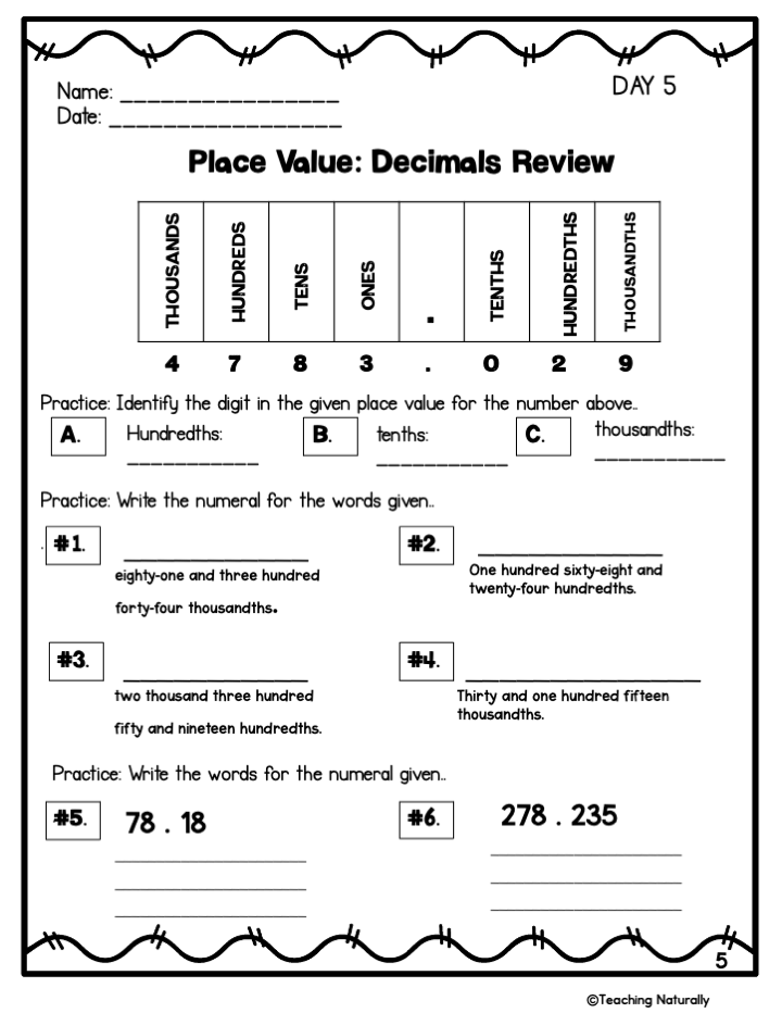 Place Value Writing Decimals as Numerals and Words Worksheets Printable ...