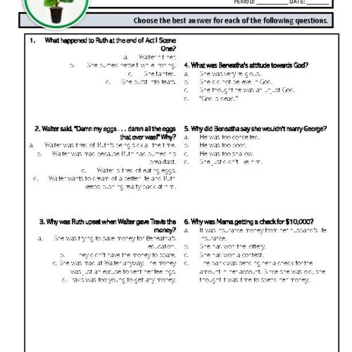 A RAISIN IN THE SUN [MULTIPLE CHOICE QUIZ] - Classful