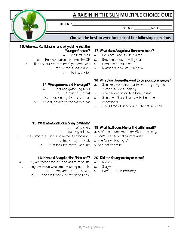 A RAISIN IN THE SUN [MULTIPLE CHOICE QUIZ] - Classful