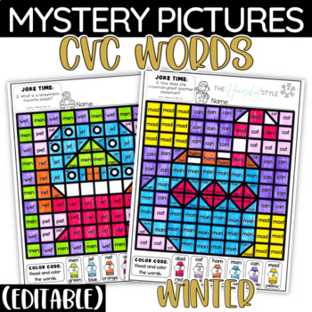 Winter Color by CVC Words Mystery Pictures Editable Worksheets - Classful