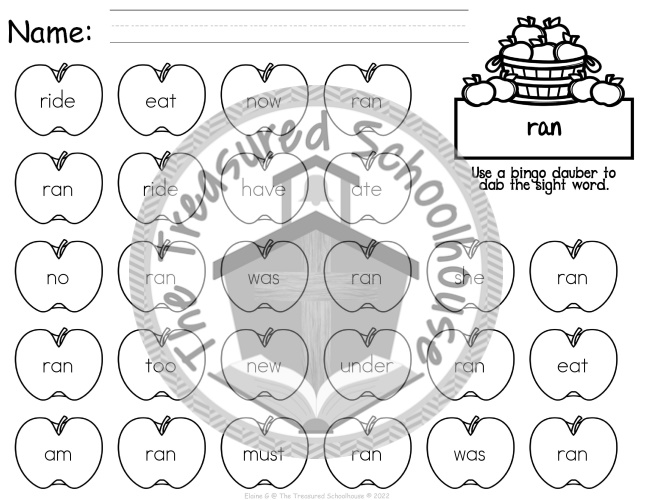 Primer Sight Word Bingo Dauber Sheets with Apples - Classful
