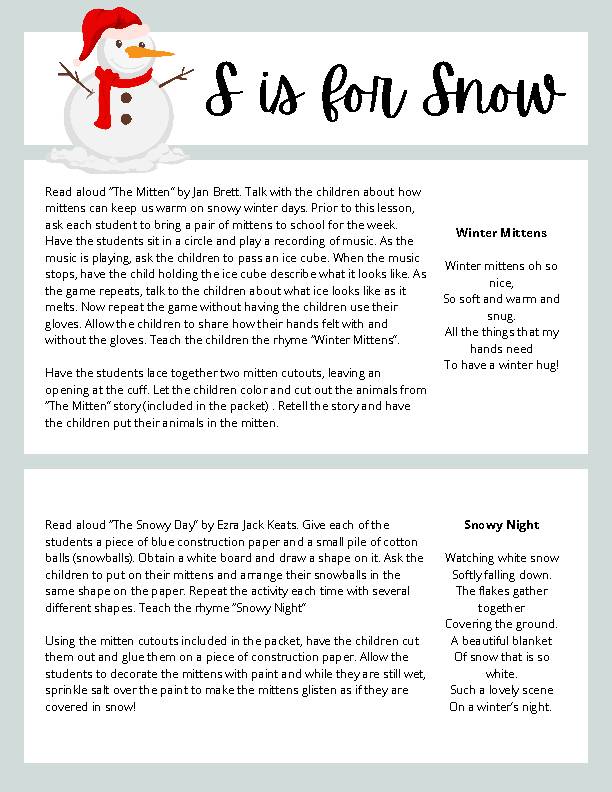 Snow Theme Preschool Curriculum Printable | Homeschool Lesson Plan ...