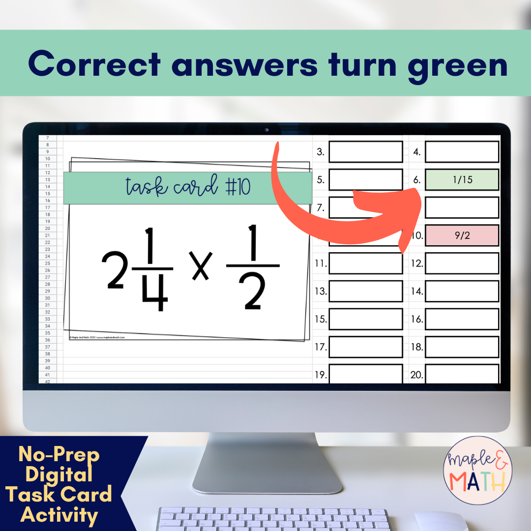 Multiplying Fractions Digital Self-Checking Task Cards 6th Grade - Classful
