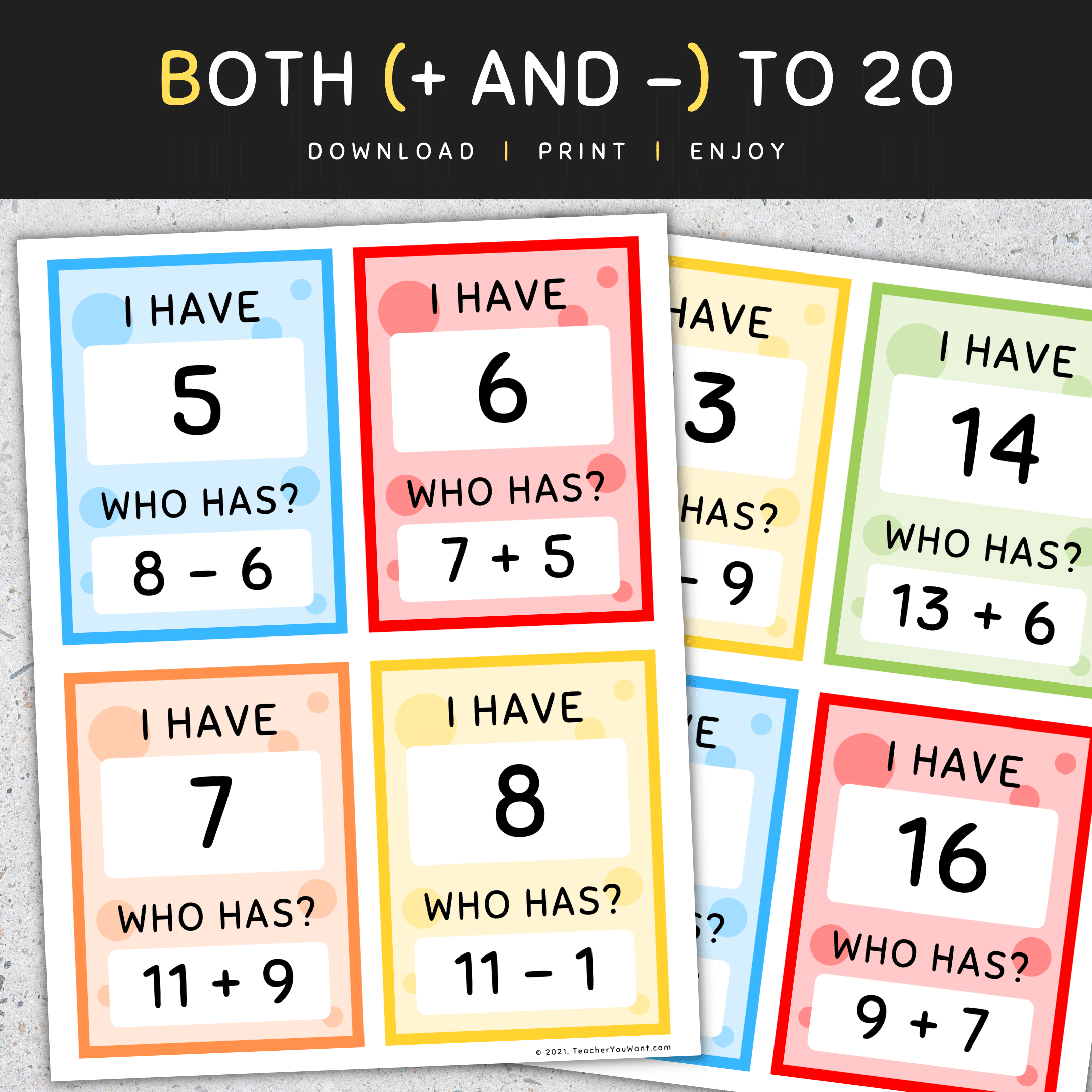 I Have Who Has- Numbers 1-20, Two Digit Game, Addition and Subtraction ...