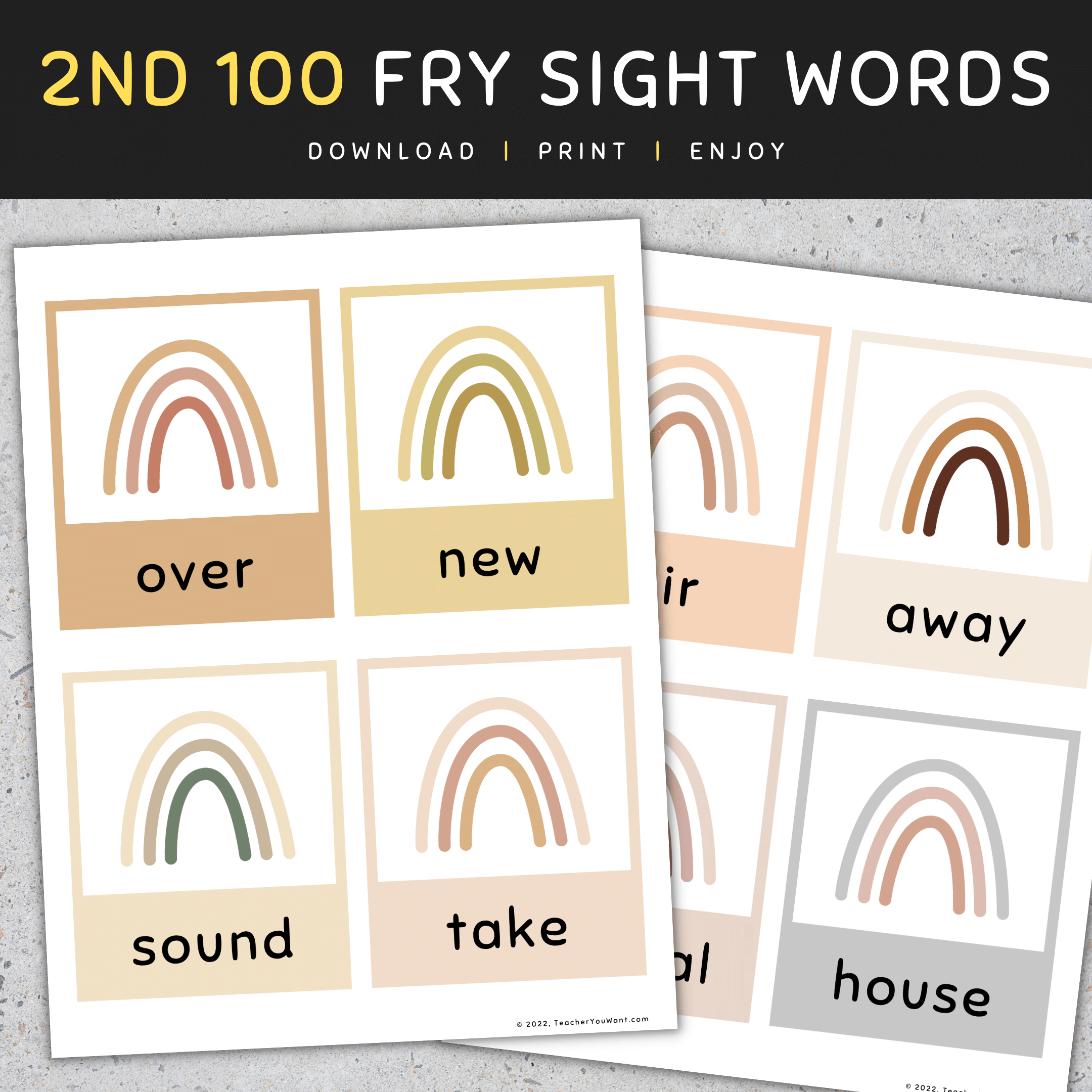 Fry Sight Word Flash Cards- 2nd 100, Boho Rainbow Sight Word Flashcards ...