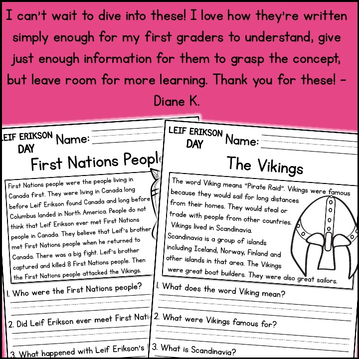 Leif Erikson Day Holidays Reading Comprehension Passages K-2 - Classful
