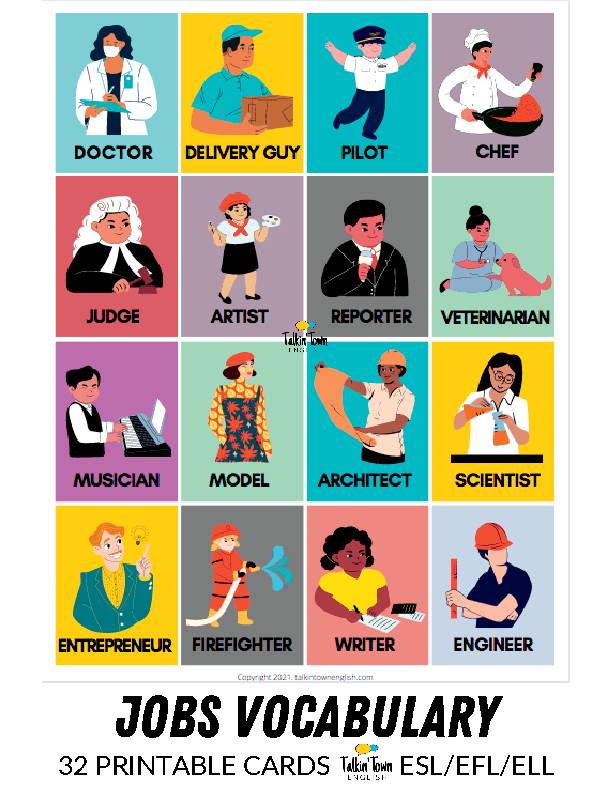 Jobs Vocabulary Picture Cards for ESL, English Learners, Games, Memory ...