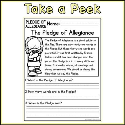 Pledge of Allegiance Social Studies Reading Comprehension Passages K-2 ...