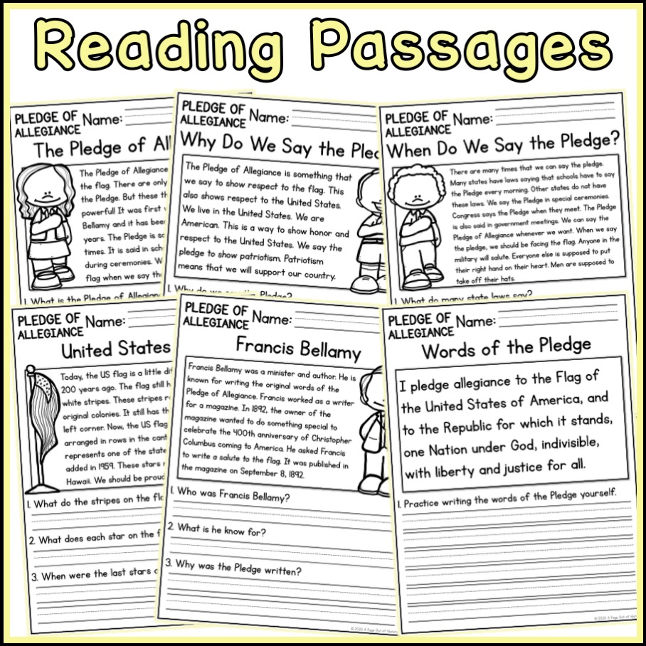 Pledge of Allegiance Social Studies Reading Comprehension Passages K-2 - Classful