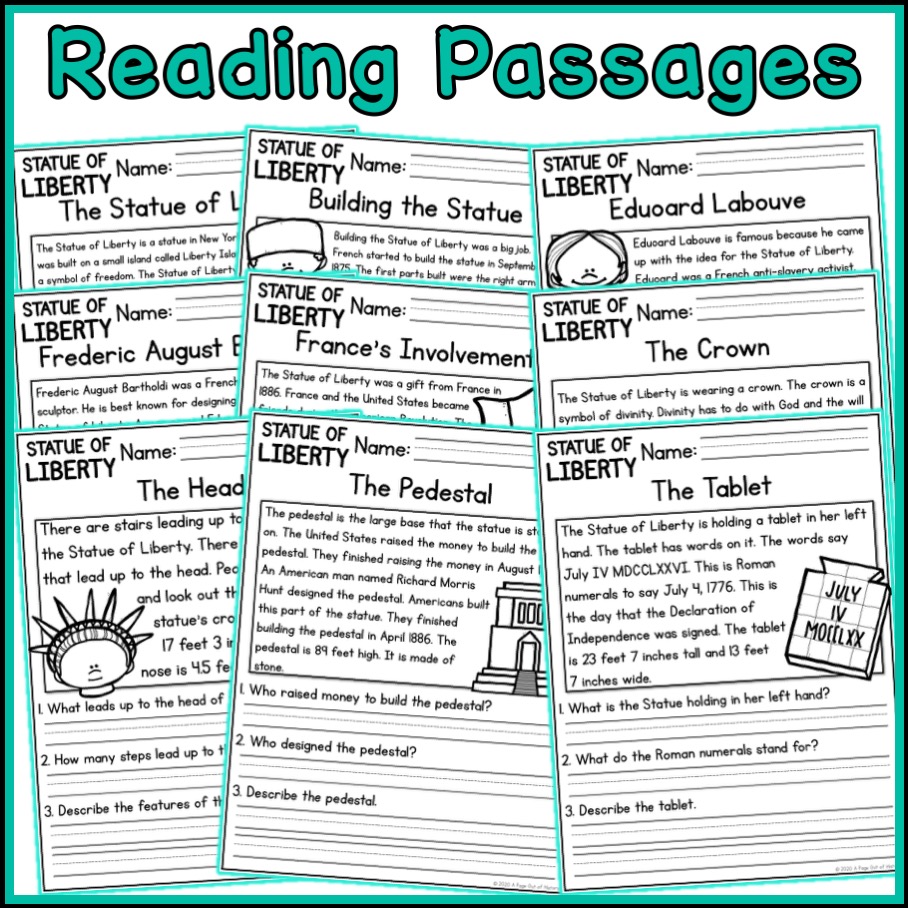 Statue of Liberty Social Studies Reading Comprehension Passages K-2 ...