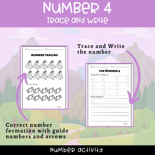 Number Writing and Tracing Activity- Trace, Count, and Color (Number 4 ...