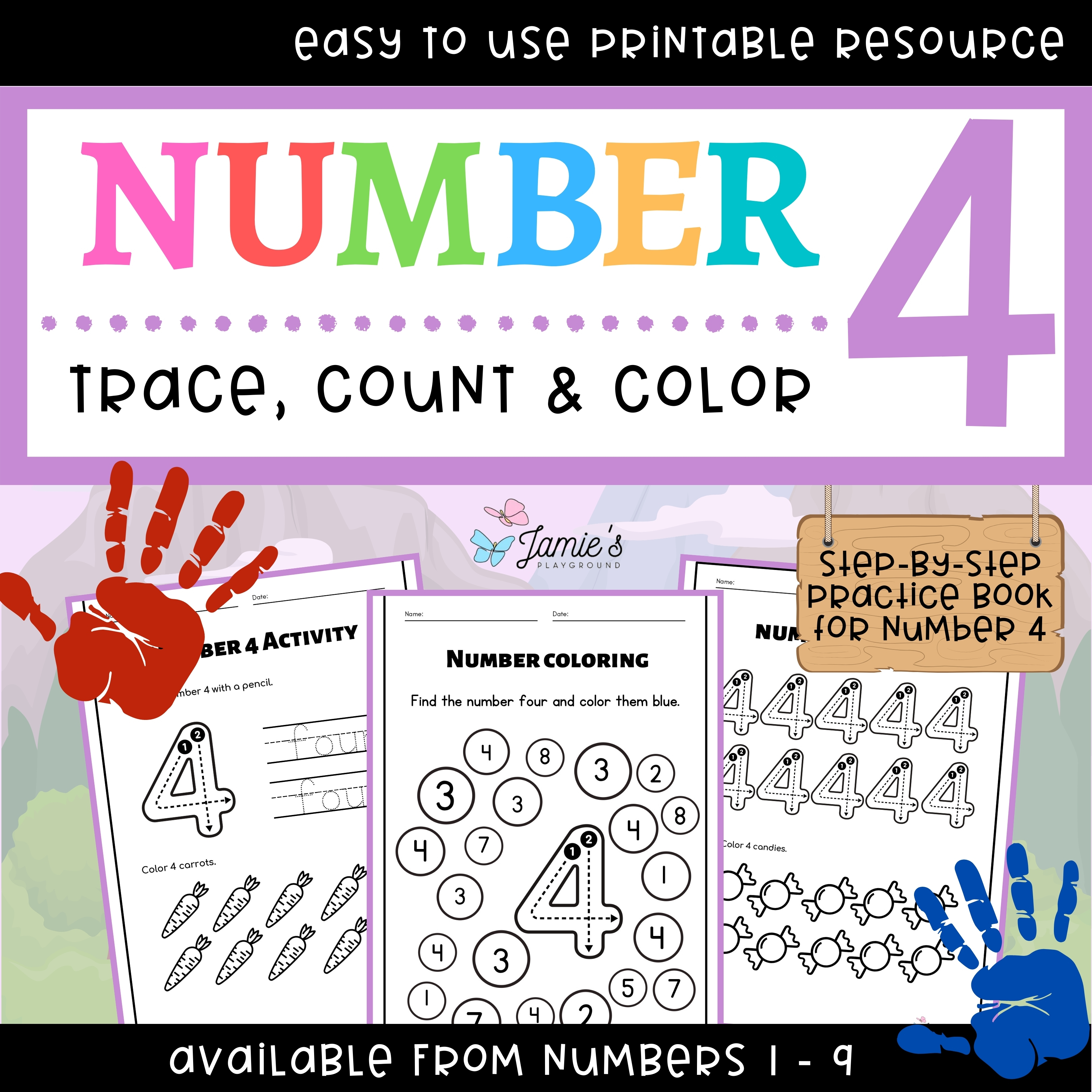 Number Writing and Tracing Activity- Trace, Count, and Color (Number 4 ...