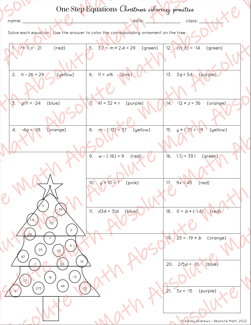 One Step Equations Christmas Coloring Practice - Classful