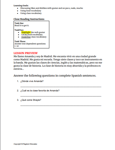Spanish Short Story with Close Reading Activity- Gustar, Food and ...