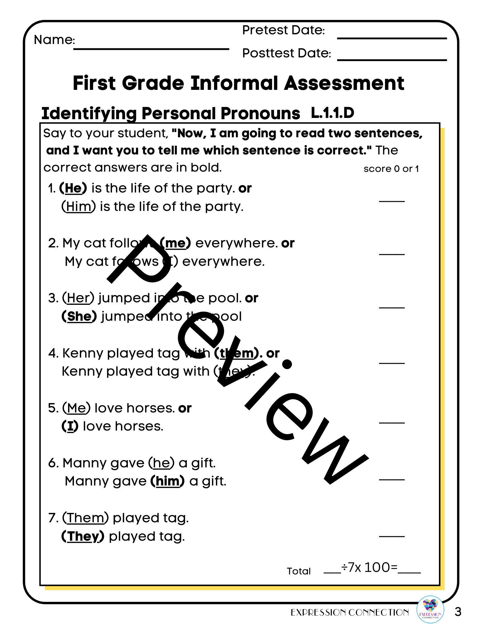 Informal Language Assessment 1st Grade Common Core Aligned Speech ...