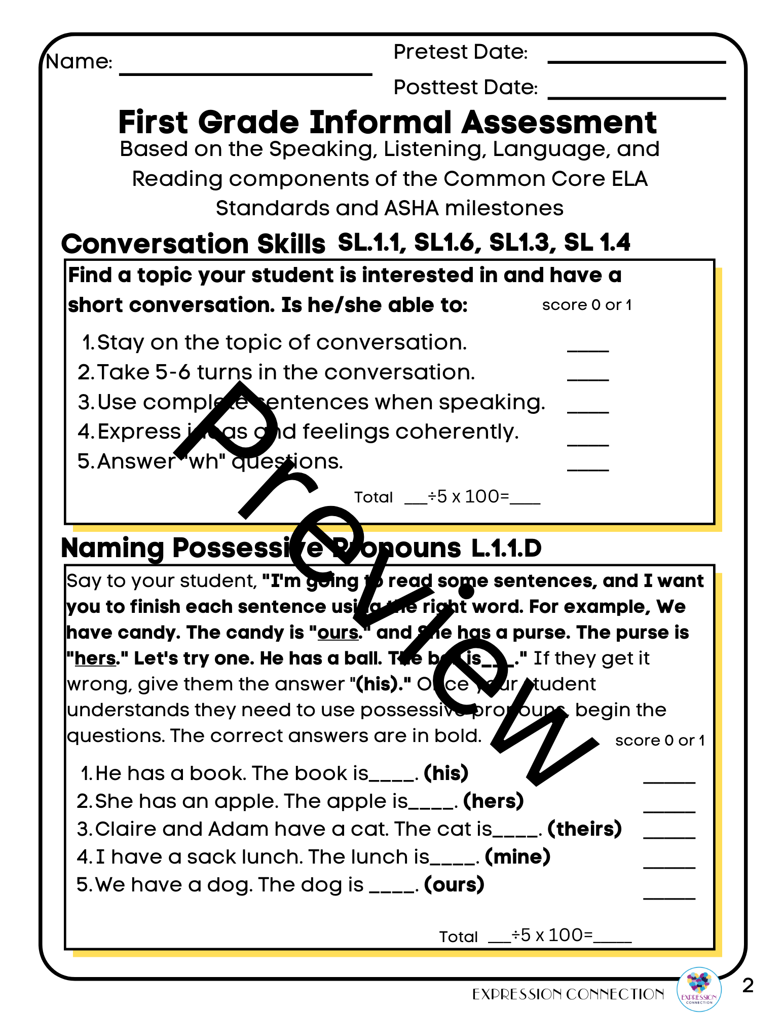 Informal Language Assessment 1st Grade Common Core Aligned Speech ...