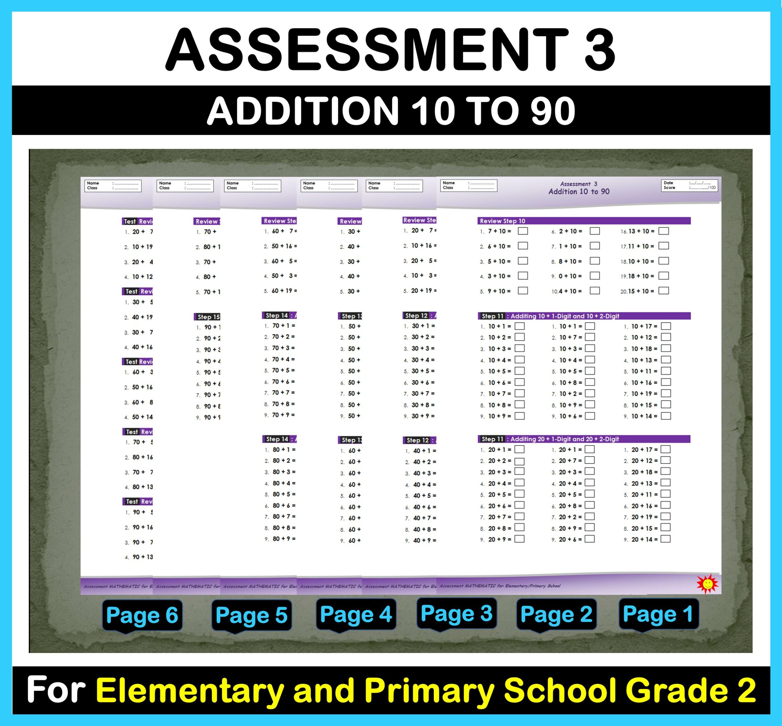 Math Addition Assessment 3 For Elementary and Primary School - Classful