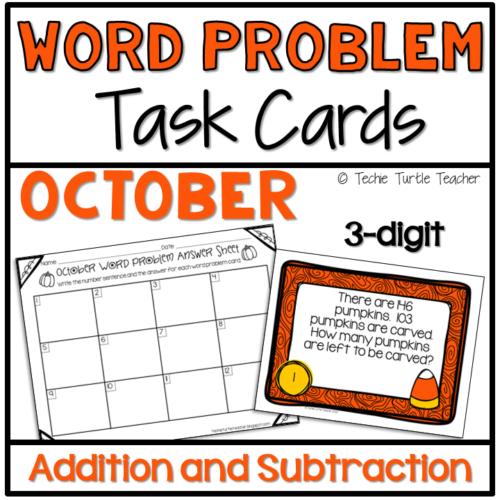 Addition & Subtraction 3-Digit Fall Word Problem Task Cards October ...