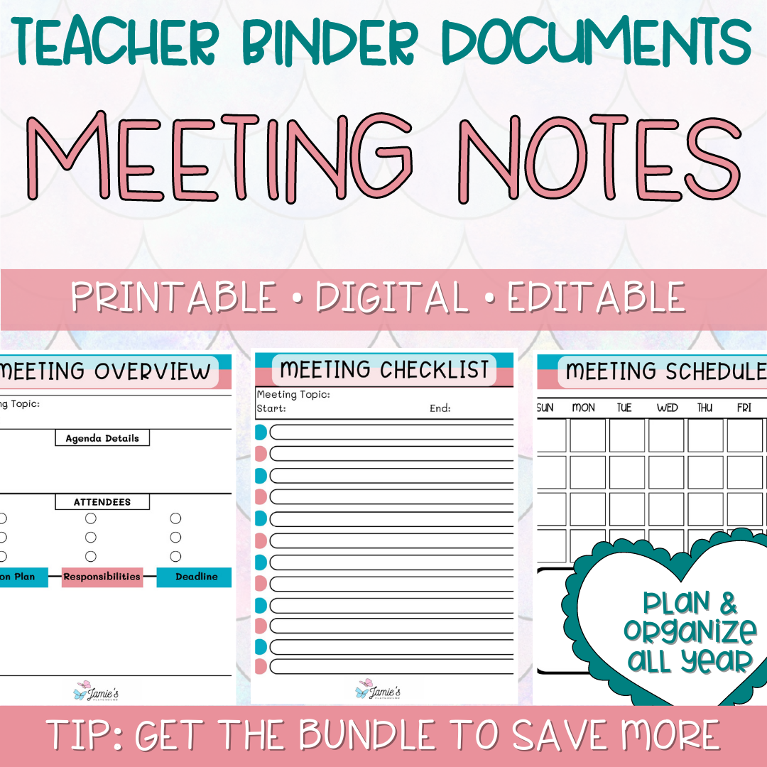 Teacher Binders/Planner - Binder Documents- Meeting Notes - Pink & Teal ...