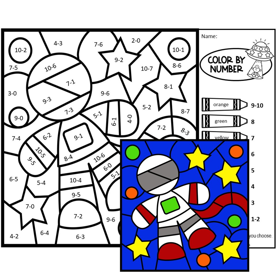 SPACE COLOR BY NUMBER CODE SUBTRACTION TO 10 MATH COLORING PAGES - Classful