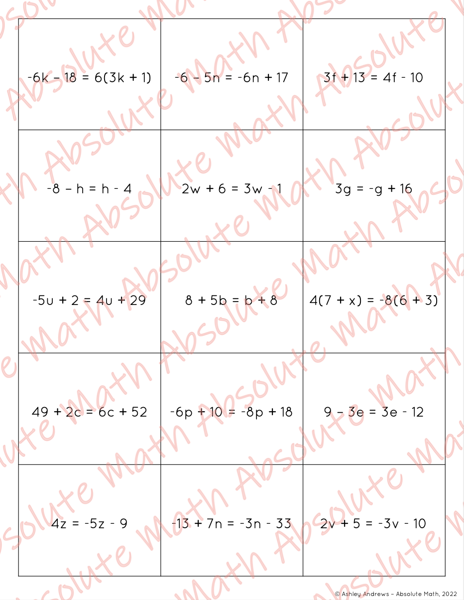 Equations with Variables on Both Sides Card Game - Classful