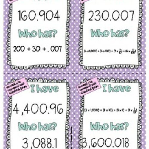 Decimals in expanded and standard form game I have... who has... - Classful