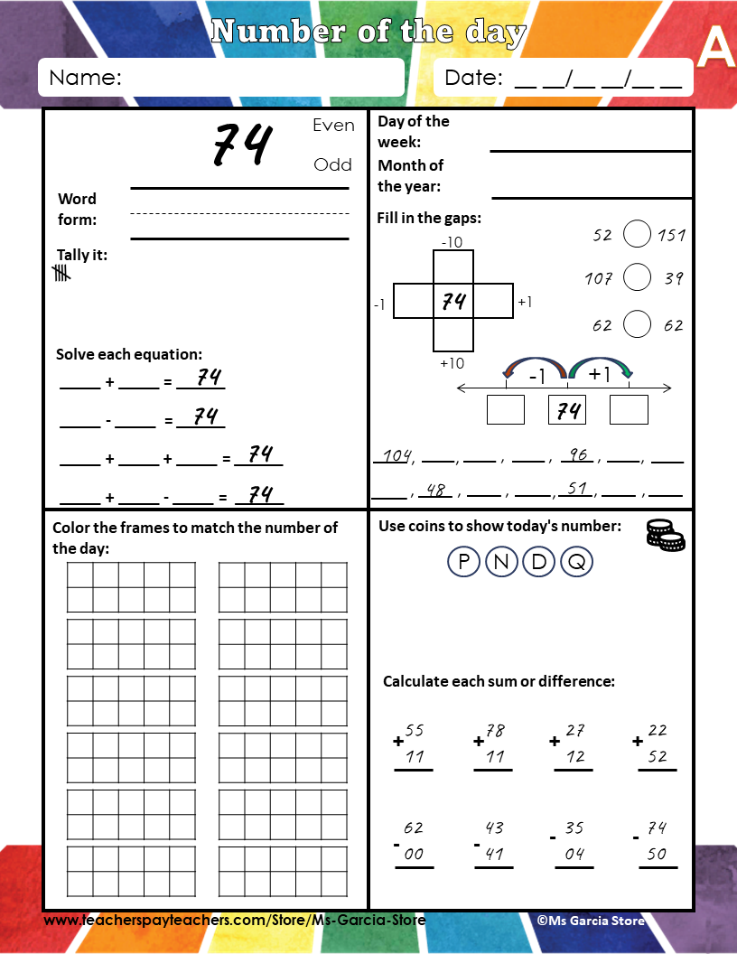 Numbers of the Day math worksheets. Numbers 1 to 120. Model A ready to ...