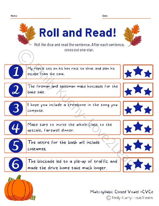 Roll and Read Sentences with Multisyllabic, Closed Syllables and Bossy ...