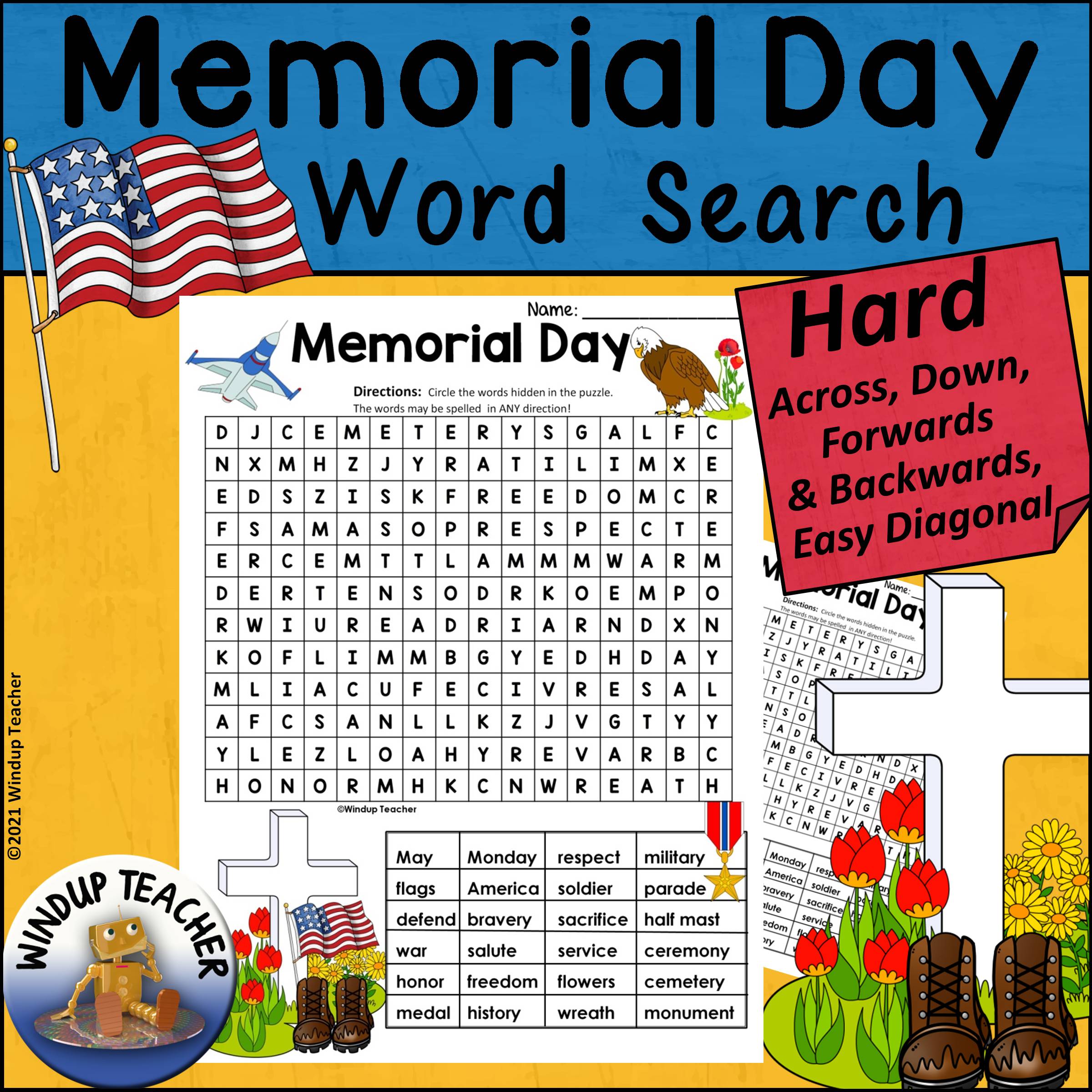 Memorial Day Word Search HARD Puzzle - Classful